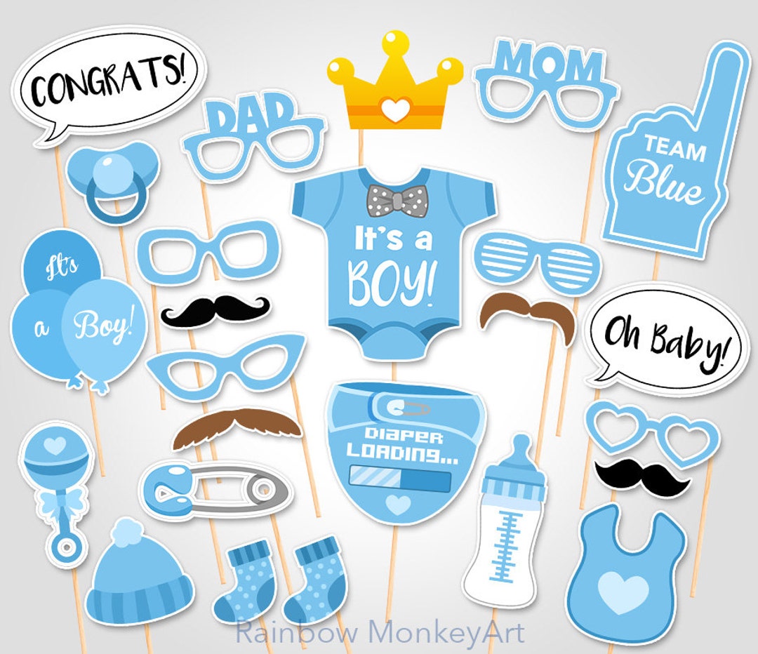 Baby Shower Photo Booth Props: Team Blue, 25 Piece Set (digital ...