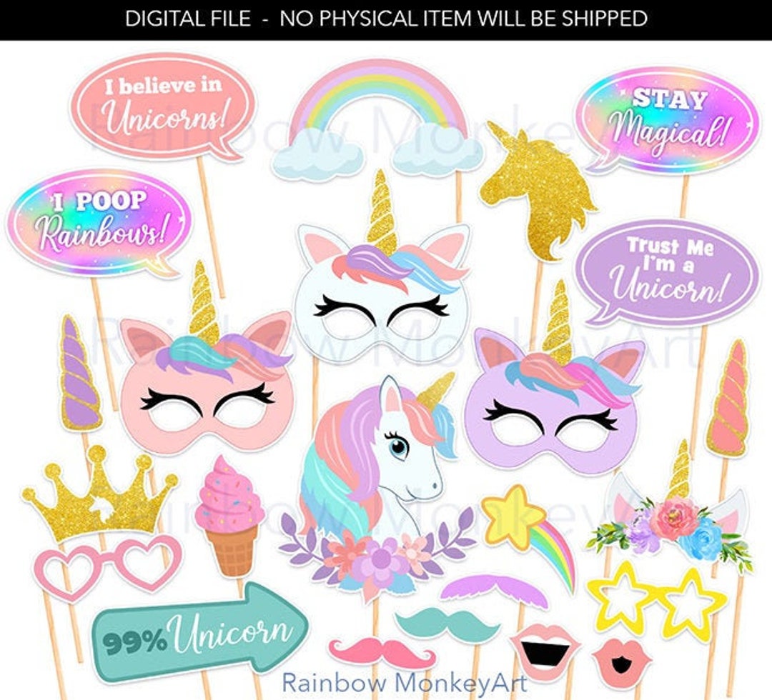 Printable Unicorn Photo Booth Props: Rainbow Party (digital Download ...