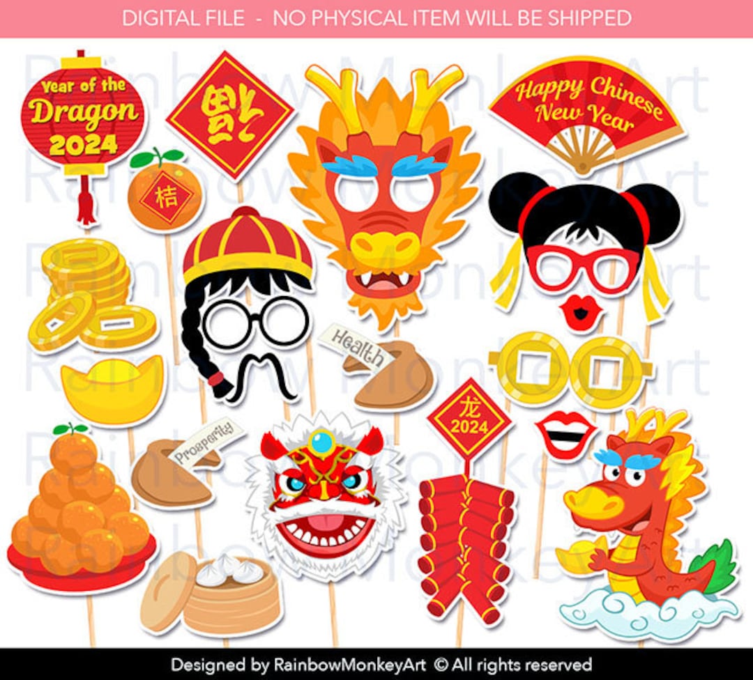 Printable 2024 Chinese New Year Photo Booth Props - Year of the Dragon ...