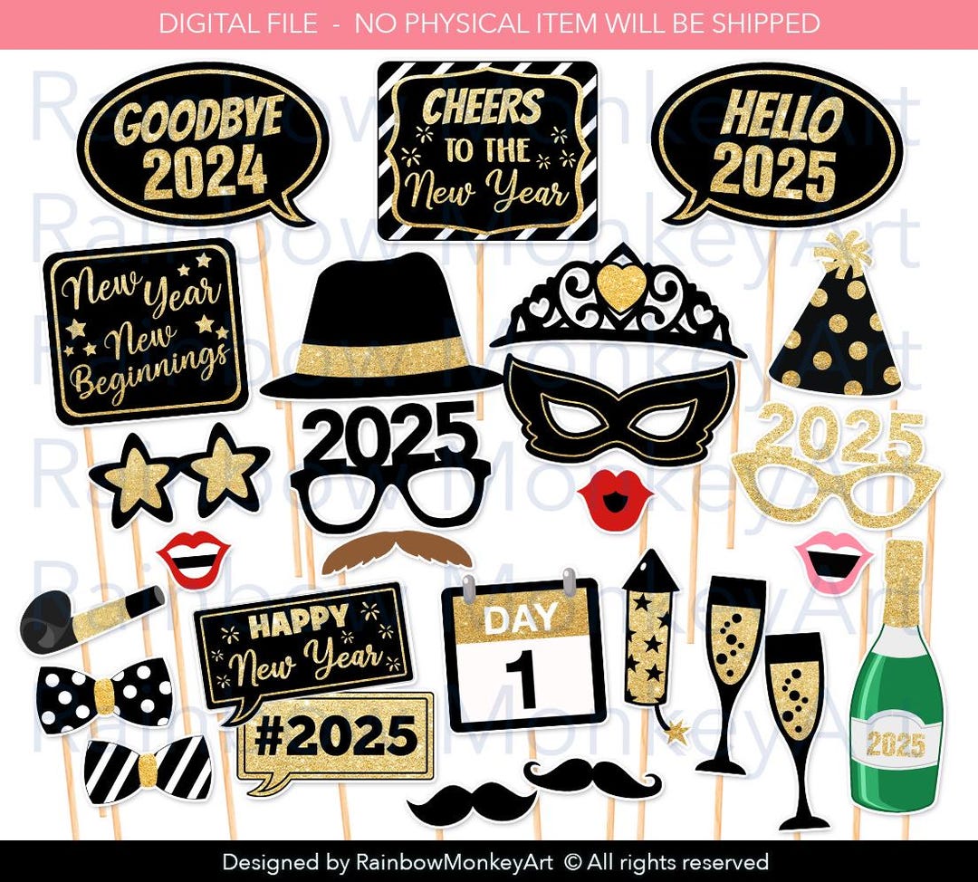 2025 New Year Photo Booth Props: Black and Gold Party Decorations ...