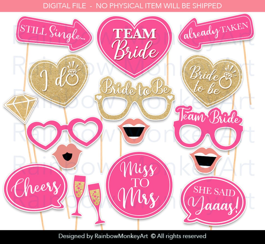 Printable Bridal Shower Photo Booth Props - Gold Pink Hen Party ...