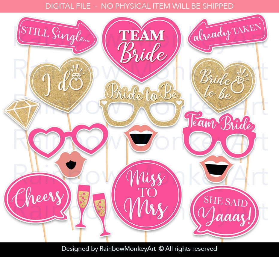 Printable Bridal Shower Photo Booth Props Gold Pink Hen | Etsy