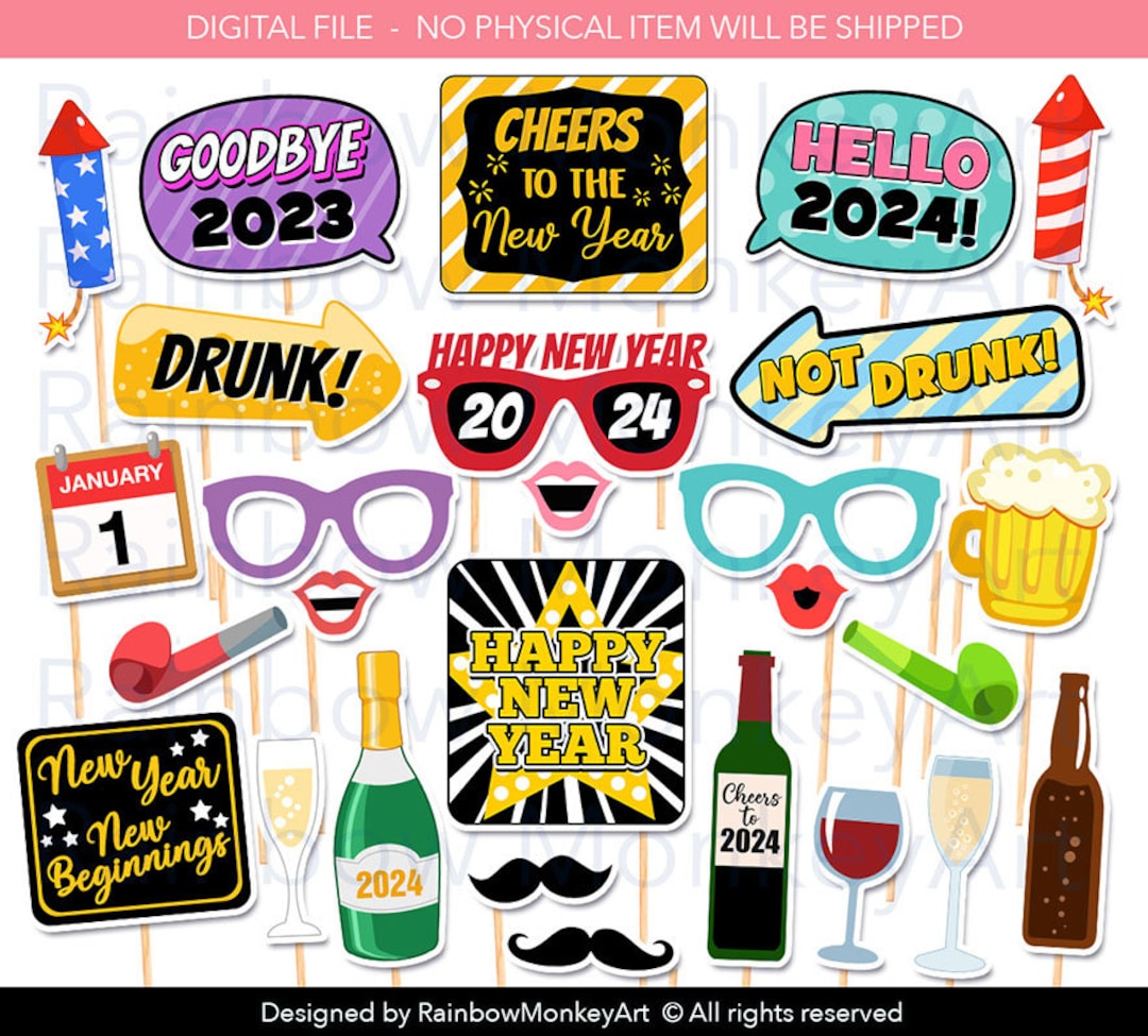 Printable 2024 New Year Props, 2024 New Year Photo Booth Props, New ...