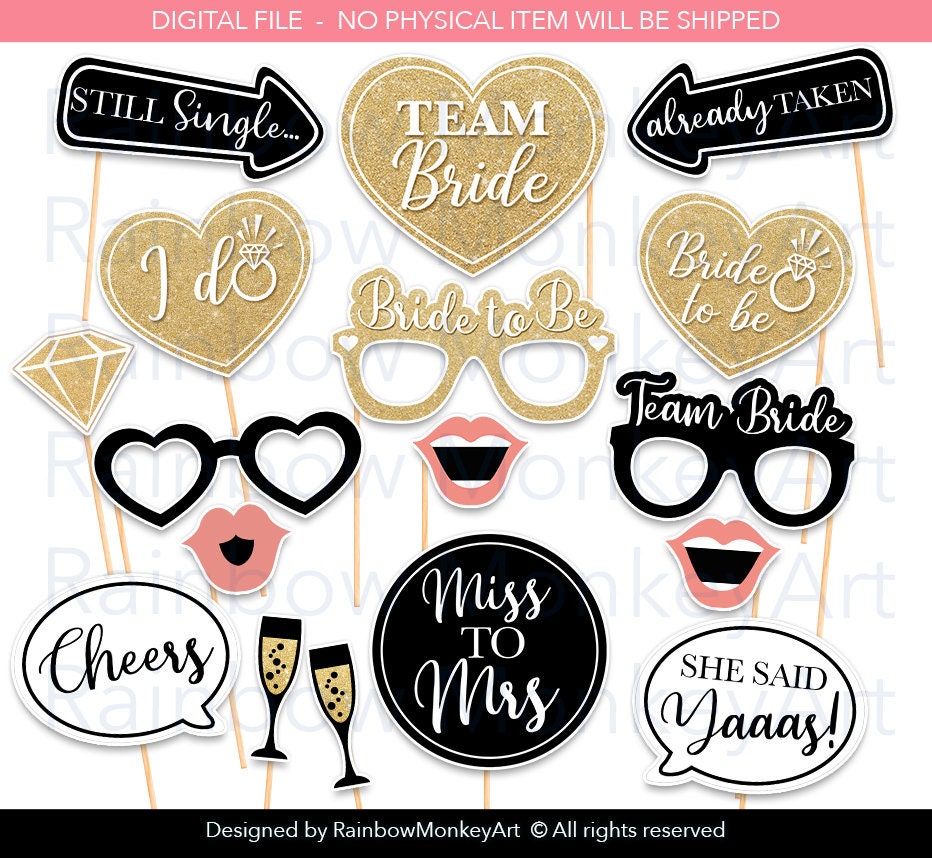 Printable Bridal Shower Photo Booth Props Black Gold Hen | Etsy