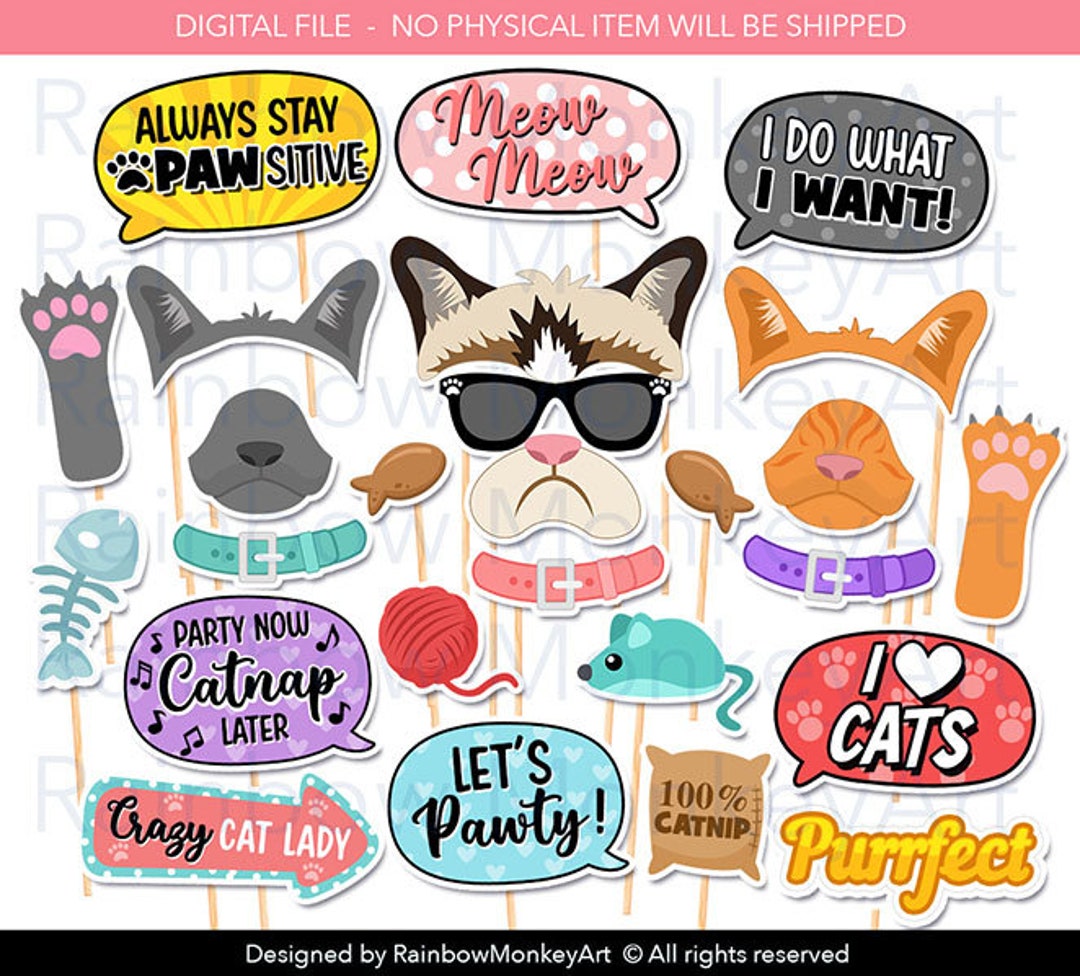 Printable Cat Photo Booth Props: Party Set (PDF) - Etsy
