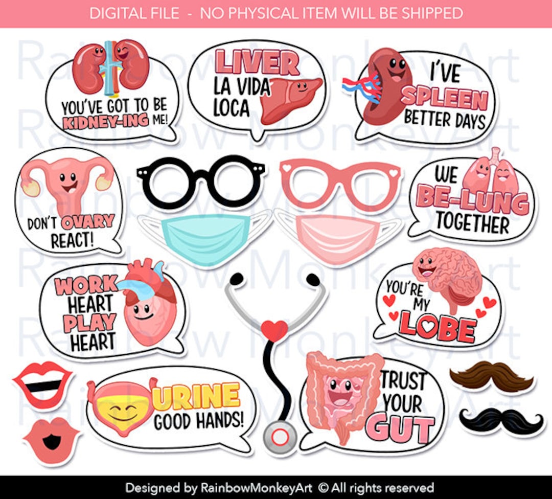 Printable Human Internal Organs Photo Booth Props, Funny Anatomy Puns ...