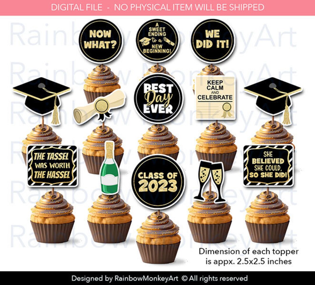 Printable Graduation Cupcake Toppers - Black and Gold Graduation ...