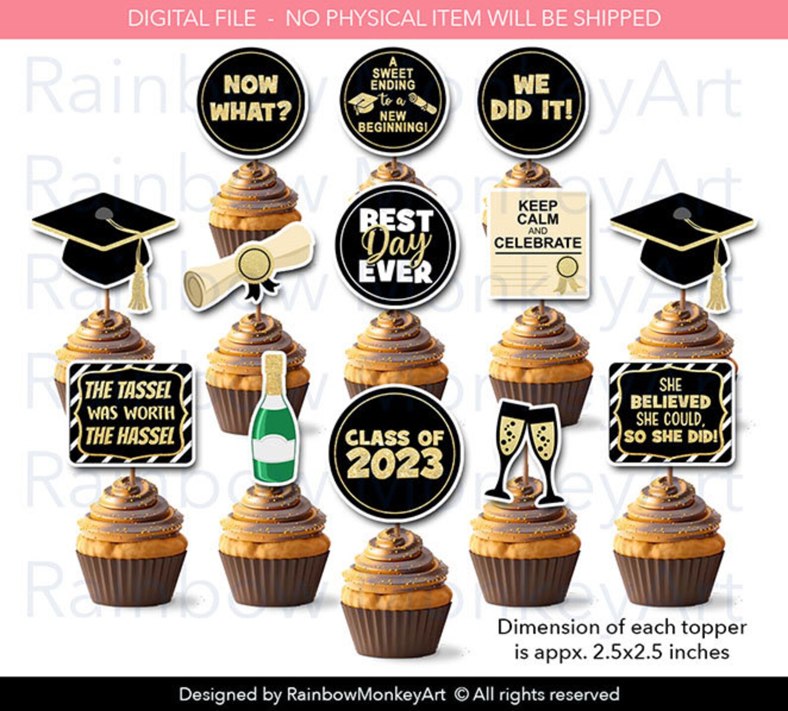 Printable Graduation Cupcake Toppers Black and Gold Graduation Cupcake ...