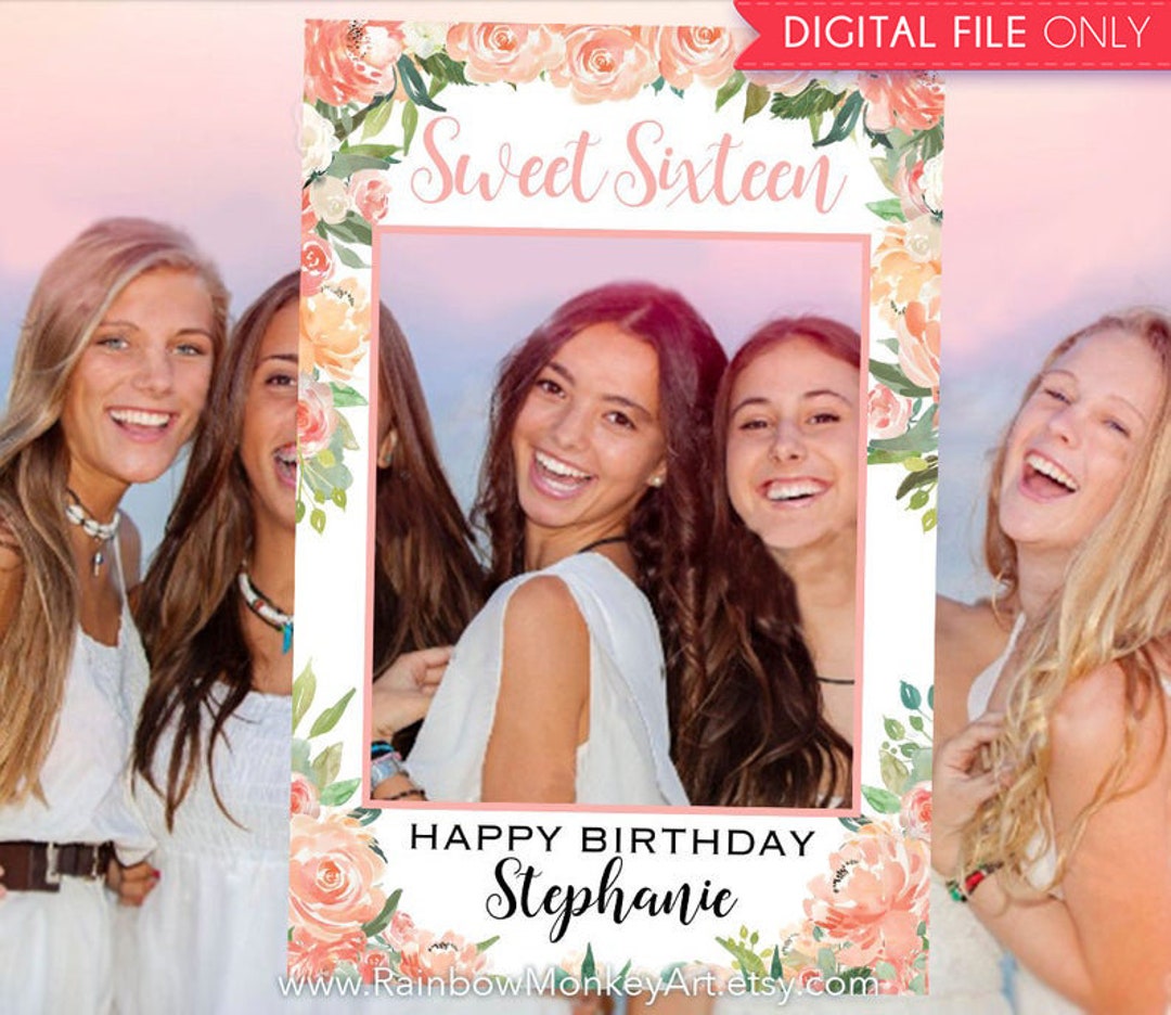 Sweet 16 Birthday Printable Sweet 16 Photo Booth Frame - Peach Floral ...