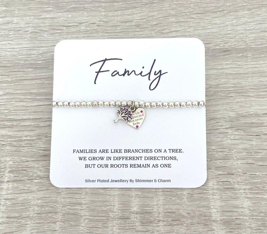 Family Tree Charm Bracelet, Silver Stretch Bead Stacking Bracelet ...