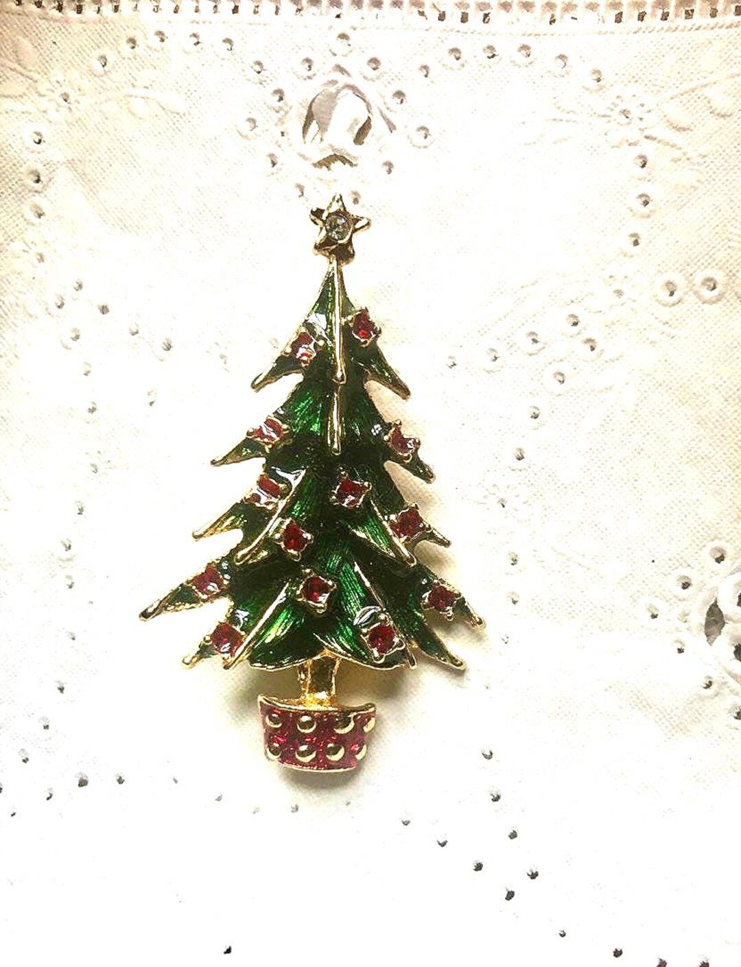 Vintage Enamel and Rhinestone Christmas Tree Pin - Etsy