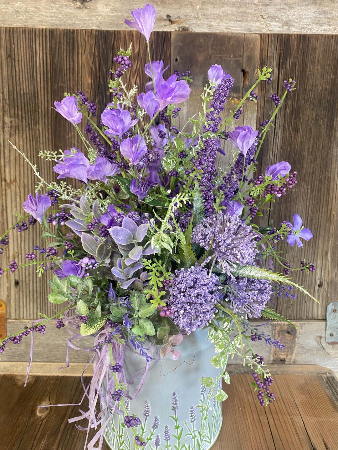 Purple Wildflower Arrangement in Tin Lavender Bucket: Purple Floral ...