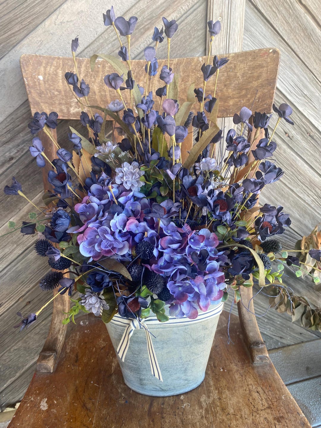 Primitive Blue Hydrangea Arrangement - Navyblue Floral - Shades of Blue Arrangement - Primitive ...
