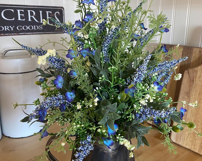 Primitive Blue Arrangement in Tin Pitcher - Shades of Blue Arrangement ...