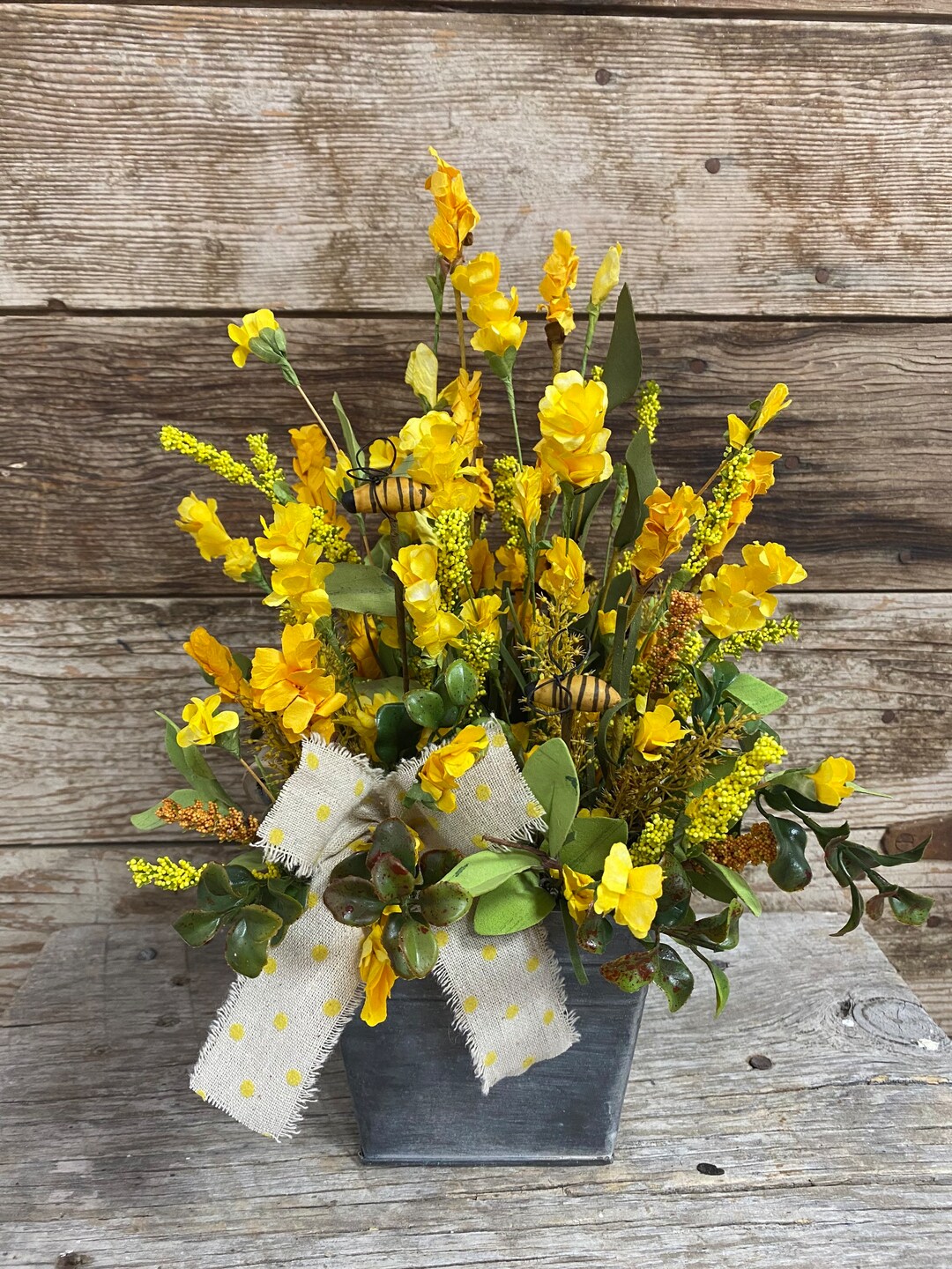Primitive Yellow Wildflowers and Bee Arrangement - Yellow Farmhouse ...