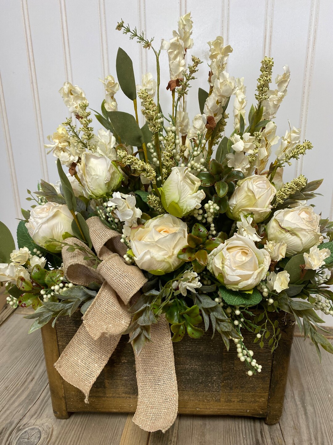 Primitive Cream Rose Arrangement - Farmhouse Floral Arrangement - Cream ...