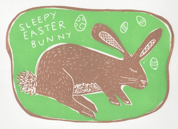 Sleepy Easter Bunny original lino print children's | Etsy