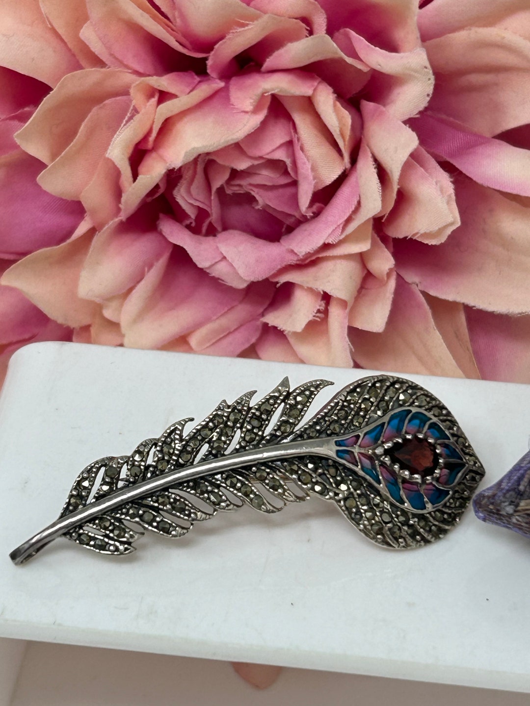 Plique-a-jour and Marcasite Brooch. Silver Flower Pin. Ruby Brooch ...