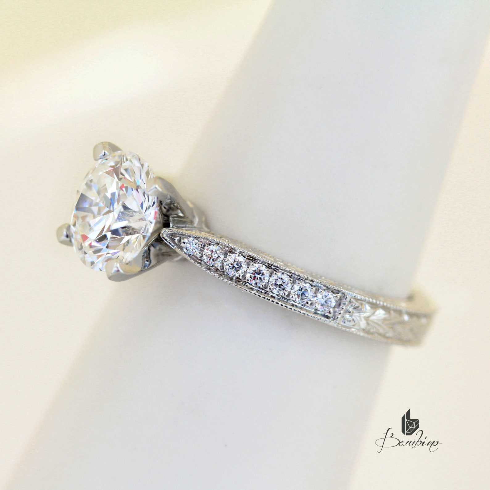 Hand Engraved Diamond Engagement Ring Diamond Engagement | Etsy