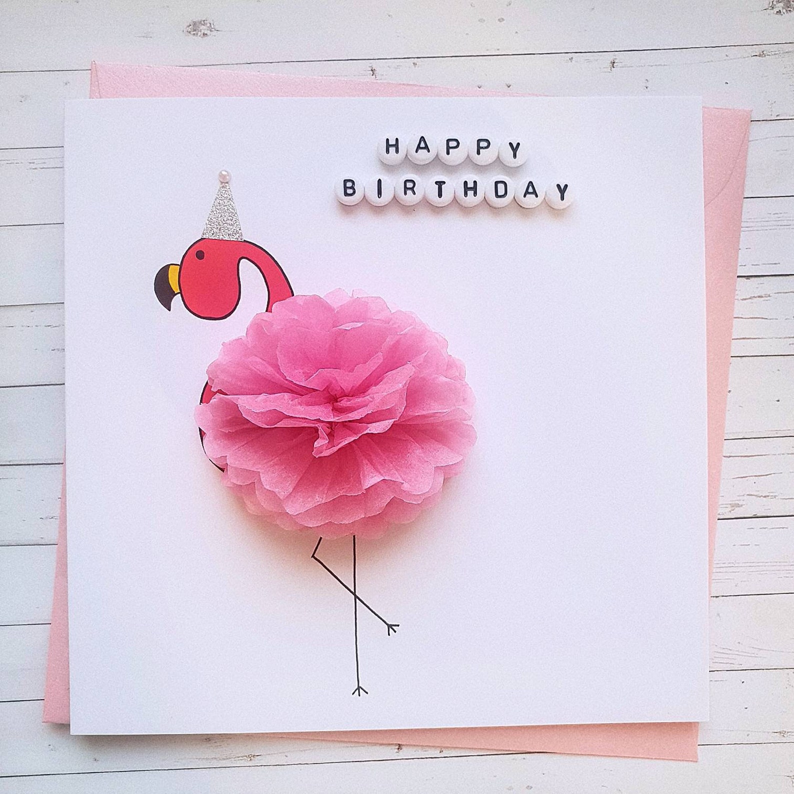 Handmade Flamingo Birthday Card With Tissue Pom Pom | Personalised ...
