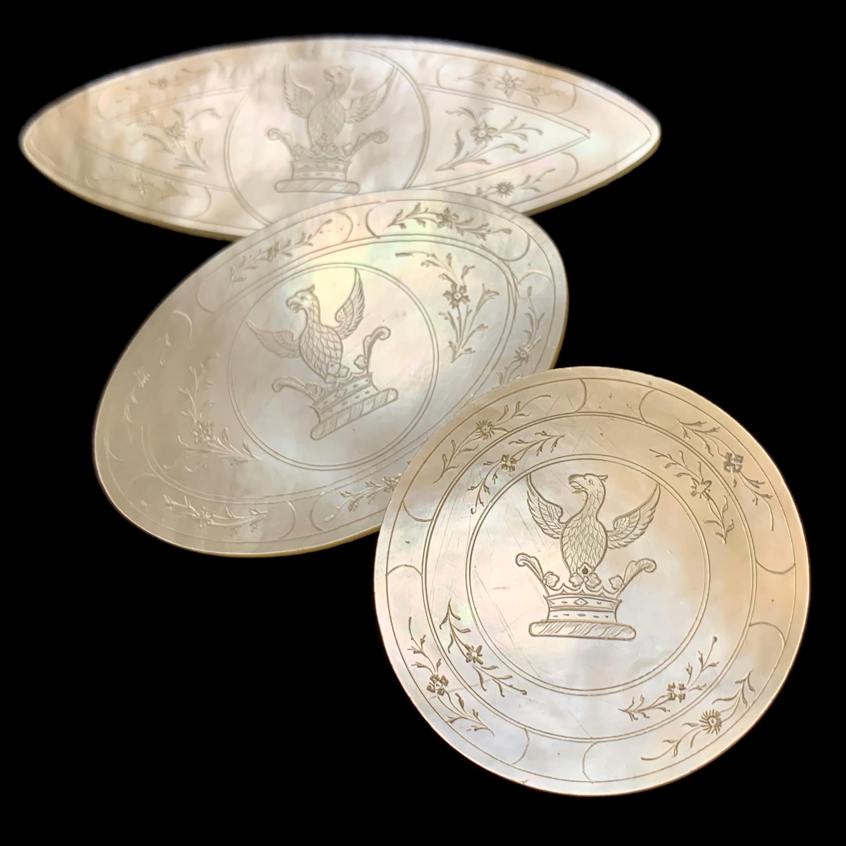 A Set of 3 Phoenix and Coronet Antique Chinese Armorial Mother of Pearl ...