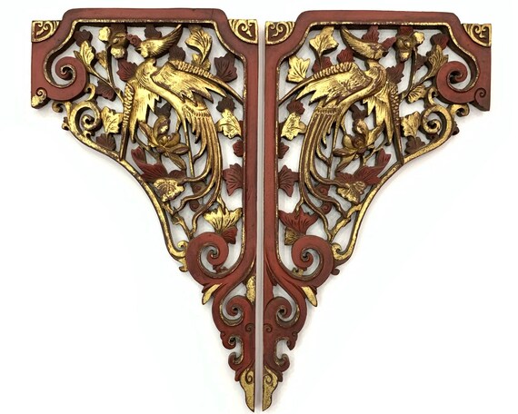 Phoenix Wood Carved Panels A Pair of Antique Chinese Wood | Etsy