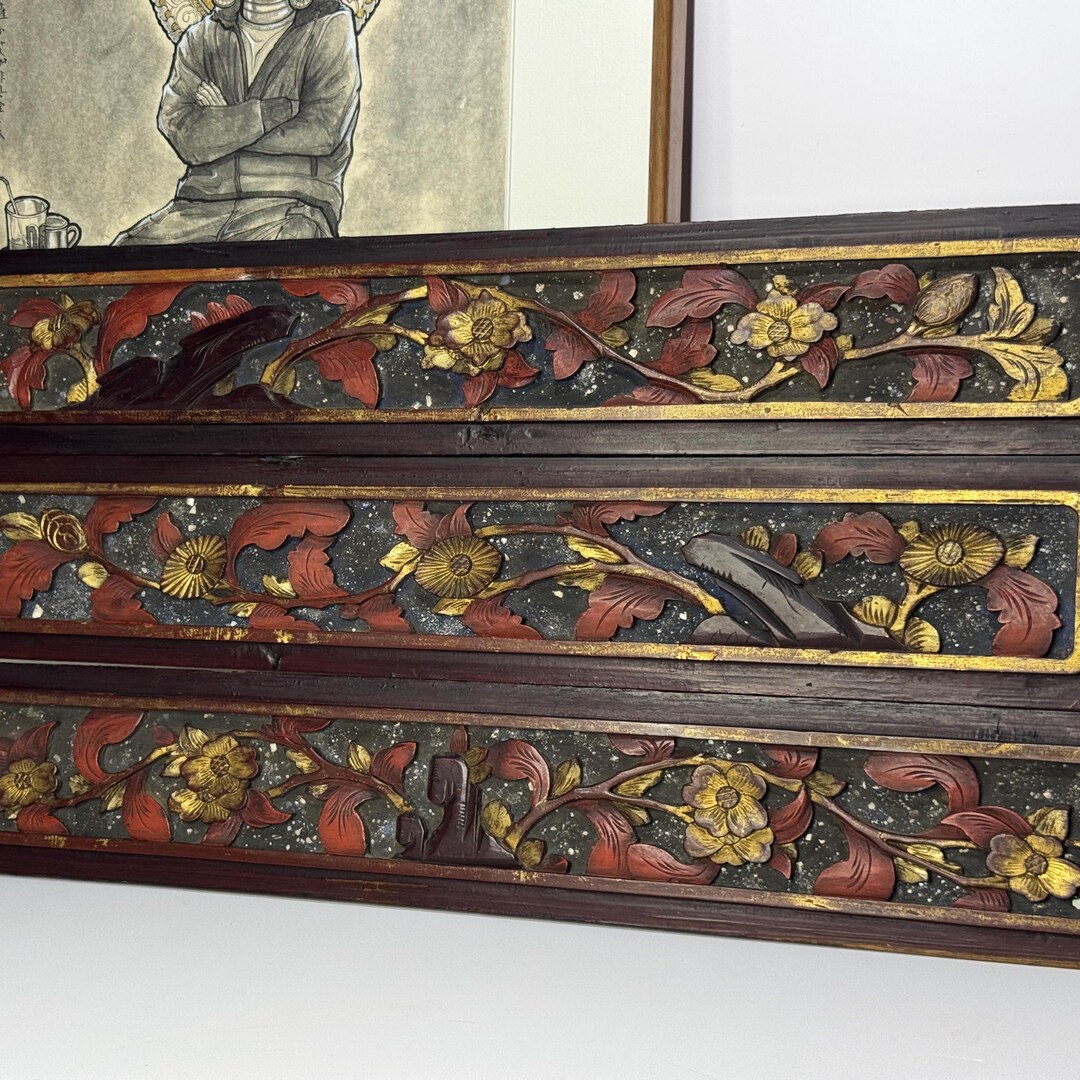 Set of 3 Long Panels, Antique Chinese Wood Carvings, 1800's Handmade ...
