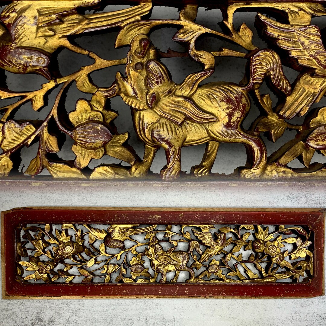 The Mythical Creature Qilin йє йєџ Antique Chinese Wood Carved Panel Hollow