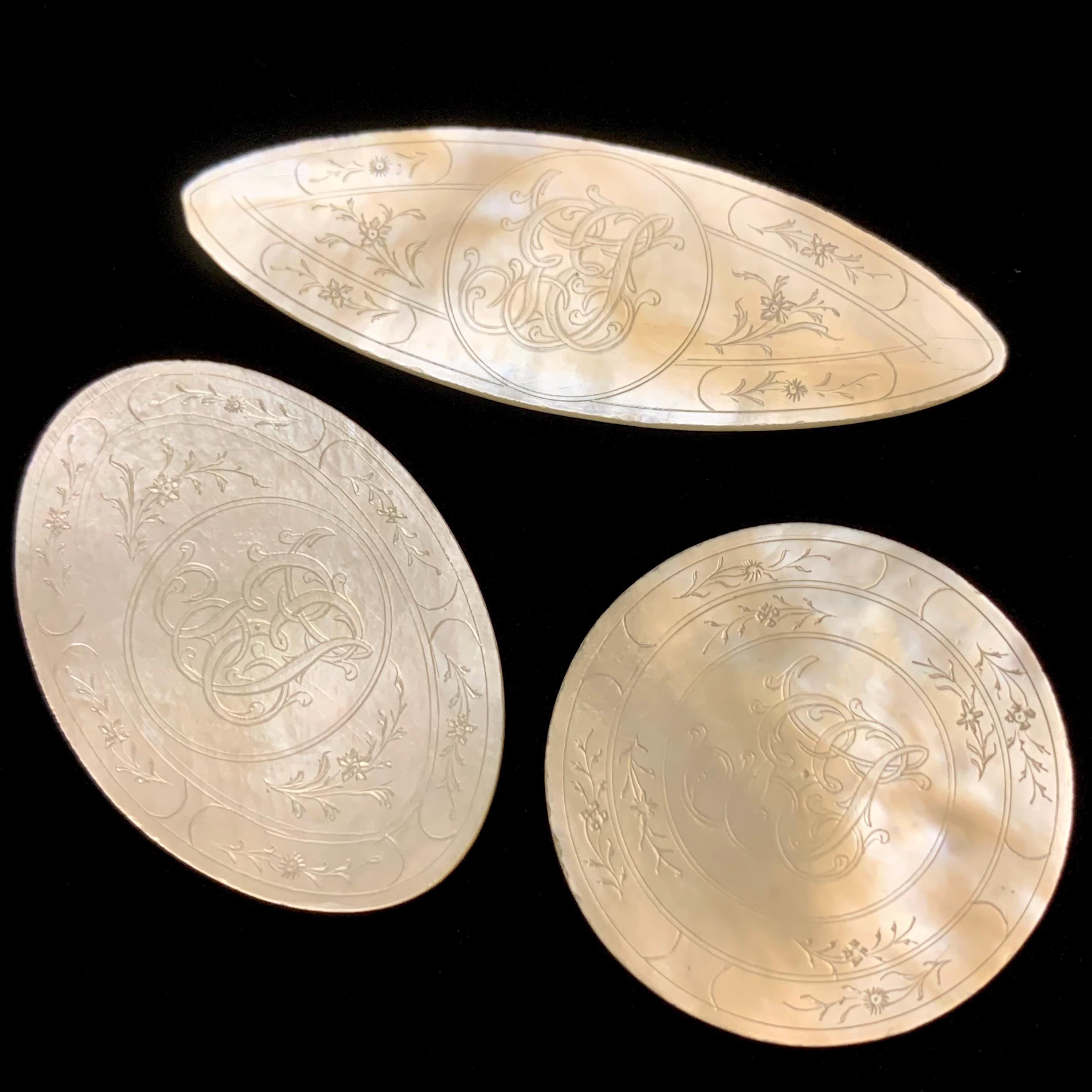 A Set of 3 Phoenix and Coronet Antique Chinese Armorial Mother of Pearl ...