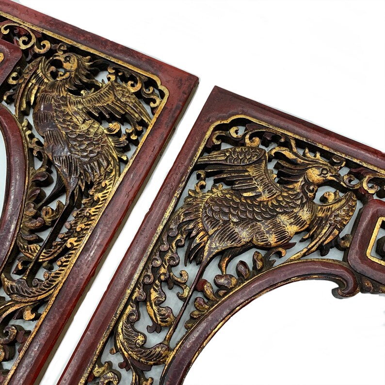 A Set of 2 Pieces Phoenix Panels Antique Chinese Wood Carvings Home ...