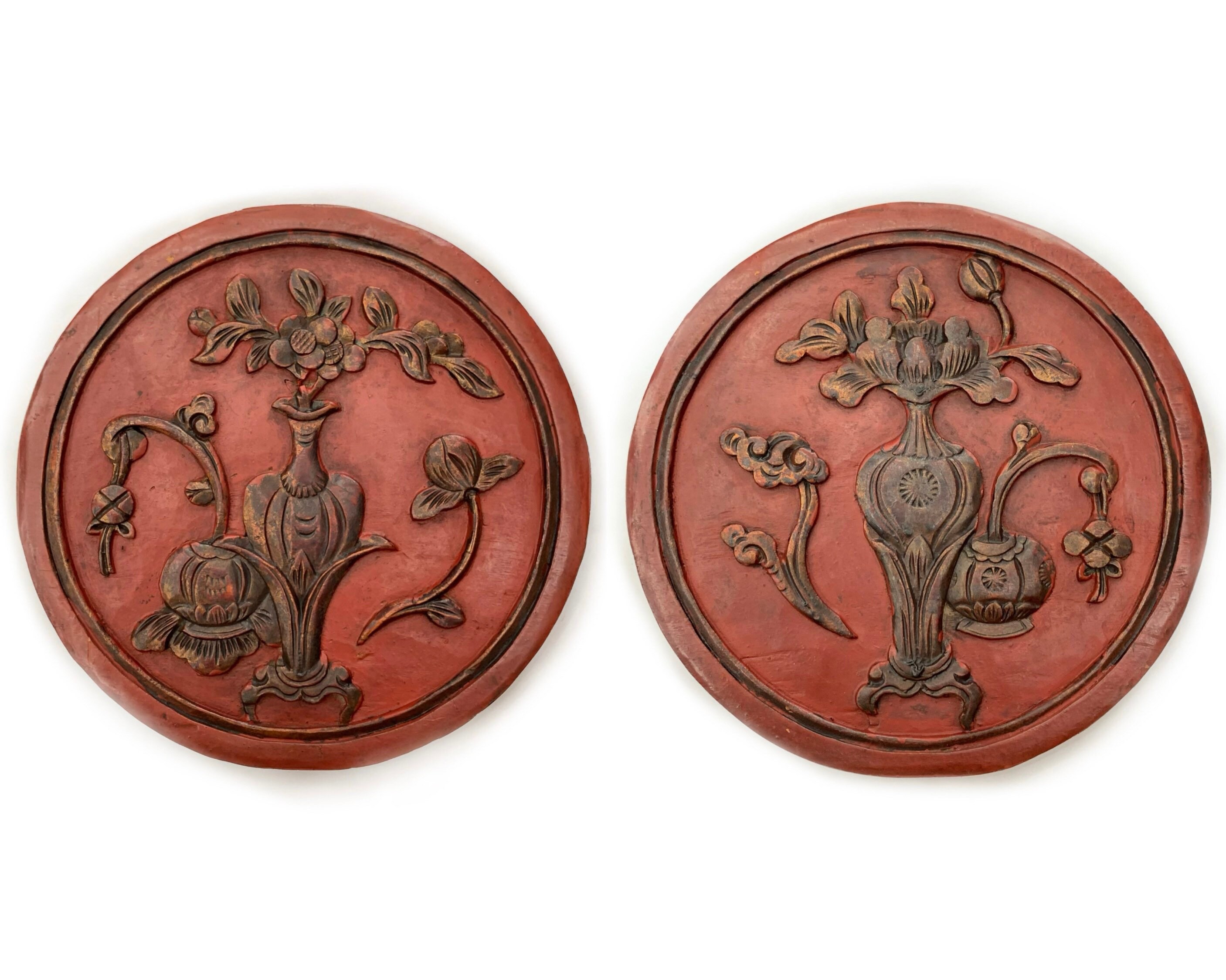 A Pair of Antique Round Wooden Panels Antique Chinese Wood Carved ...