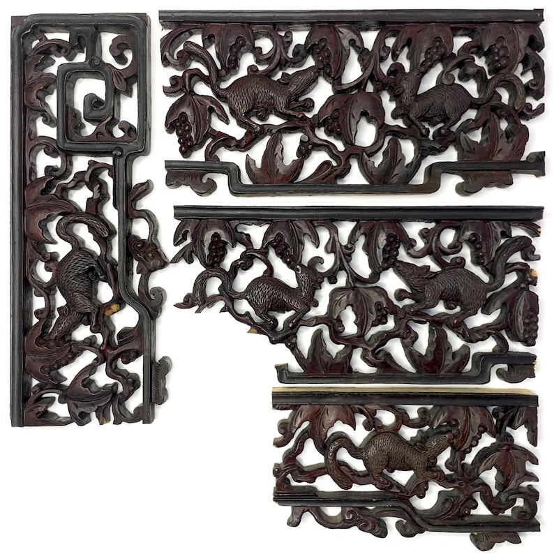 Squirrels and Grapes 松鼠葡萄 Antique Qing Dynasty Chinese Wood Carved ...