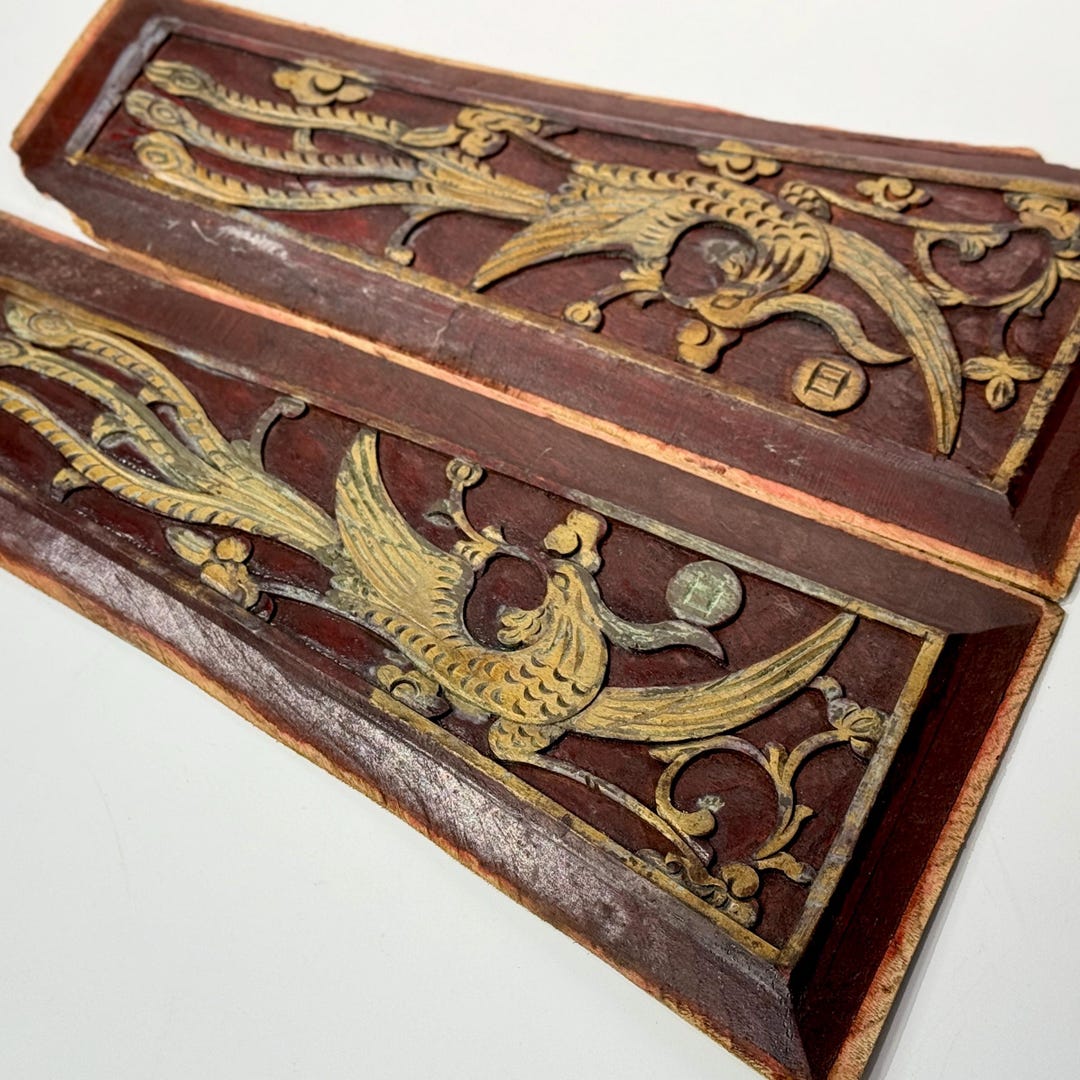 Pair of Phoenix Wooden Panels Antique Chinese Wood Carvings 1960s Home ...