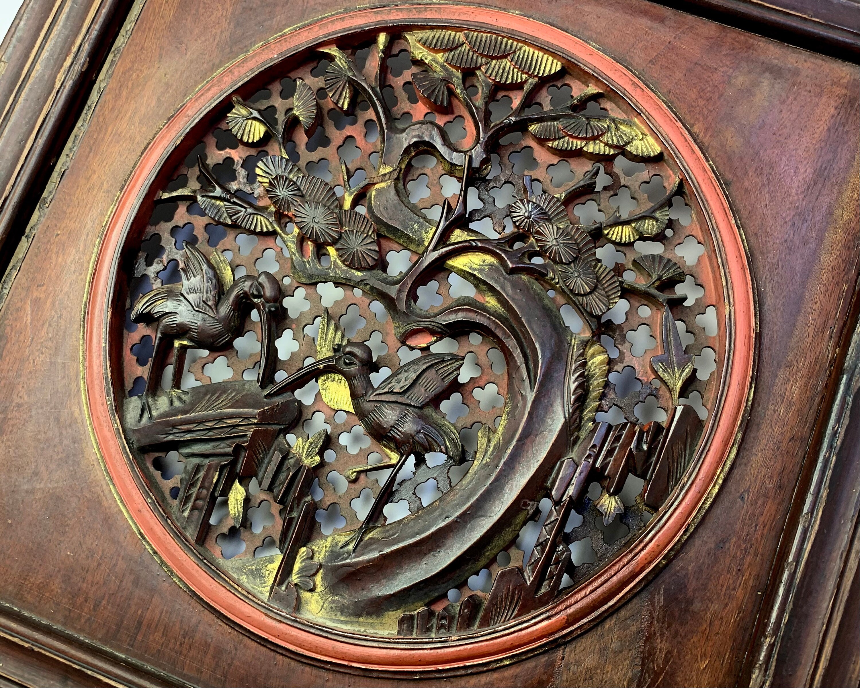 One Stunning 松鹤同春 Antique Chinese Wood Carved Panel Chinese Crane and ...