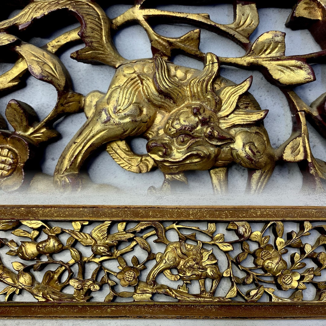 Mythical Creature Qilin йє йєџ Antique Chinese Wood Carved Panel Workout