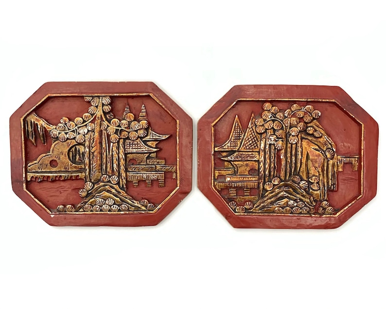 A Pair of Vintage Chinese Wood Carved Panels Ancient Buildings and ...