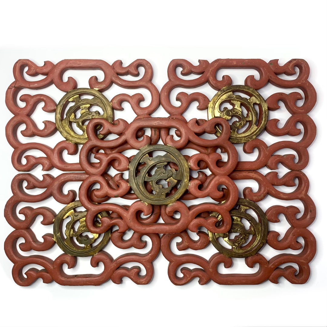 FIVE Oriental DRAGON Totem 草龍纹 Antique Chinese Wood Carved Panels 1930s ...