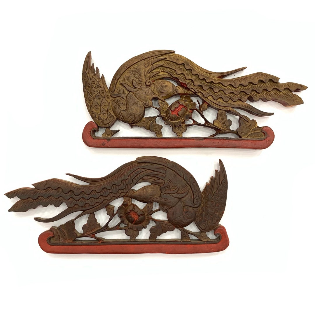 Antique Chinese Carved Wood Phoenix Panels, Qing Dynasty Wall Decor - Etsy