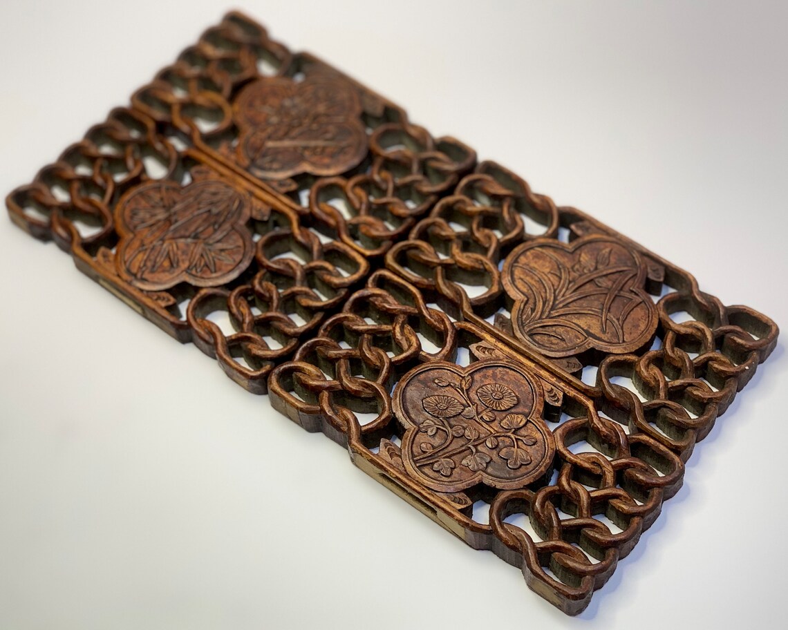 Antique Chinese Wood Carved Panels: Four Noble Ones Qing Dynasty Decor ...