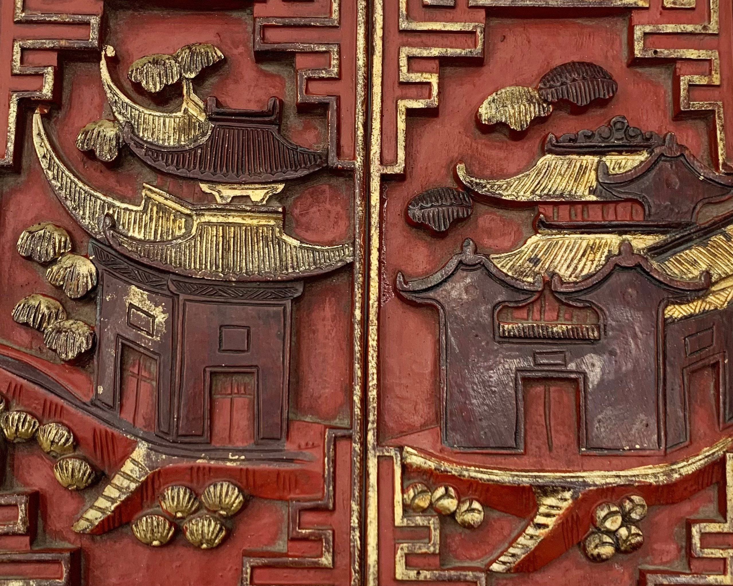 A Stunning Pair of Antique Chinese Wood Carved Relief Wood Carved ...