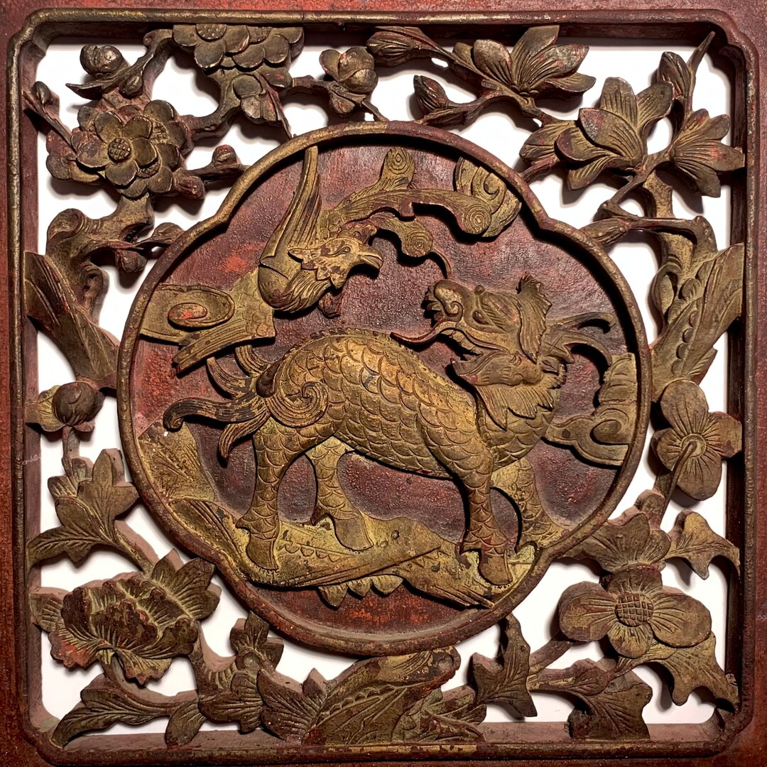 Mythical Creatures 麒麟凤凰 Antique Chinese Wood Carved Panel Hollowed-out ...