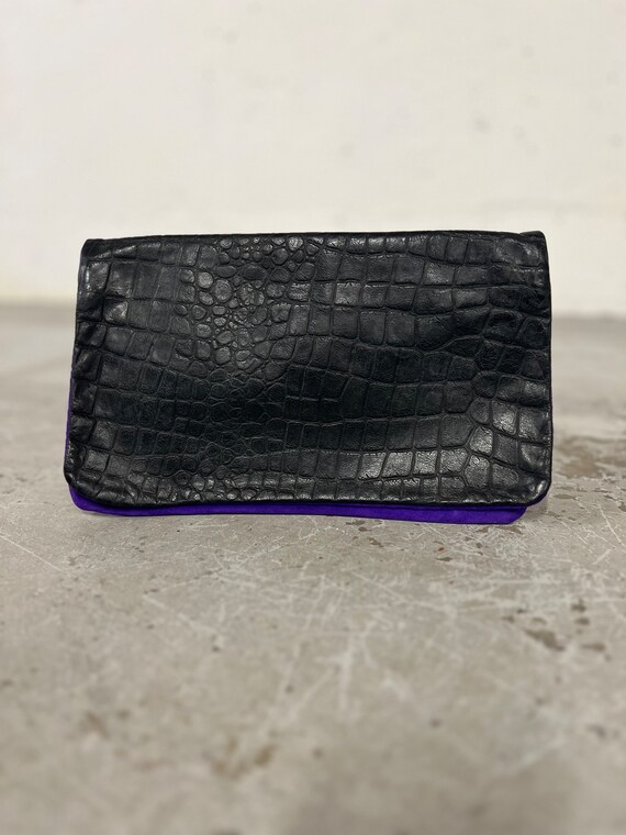 Leather Croc Embossed Reversible Suede Clutch - Gem