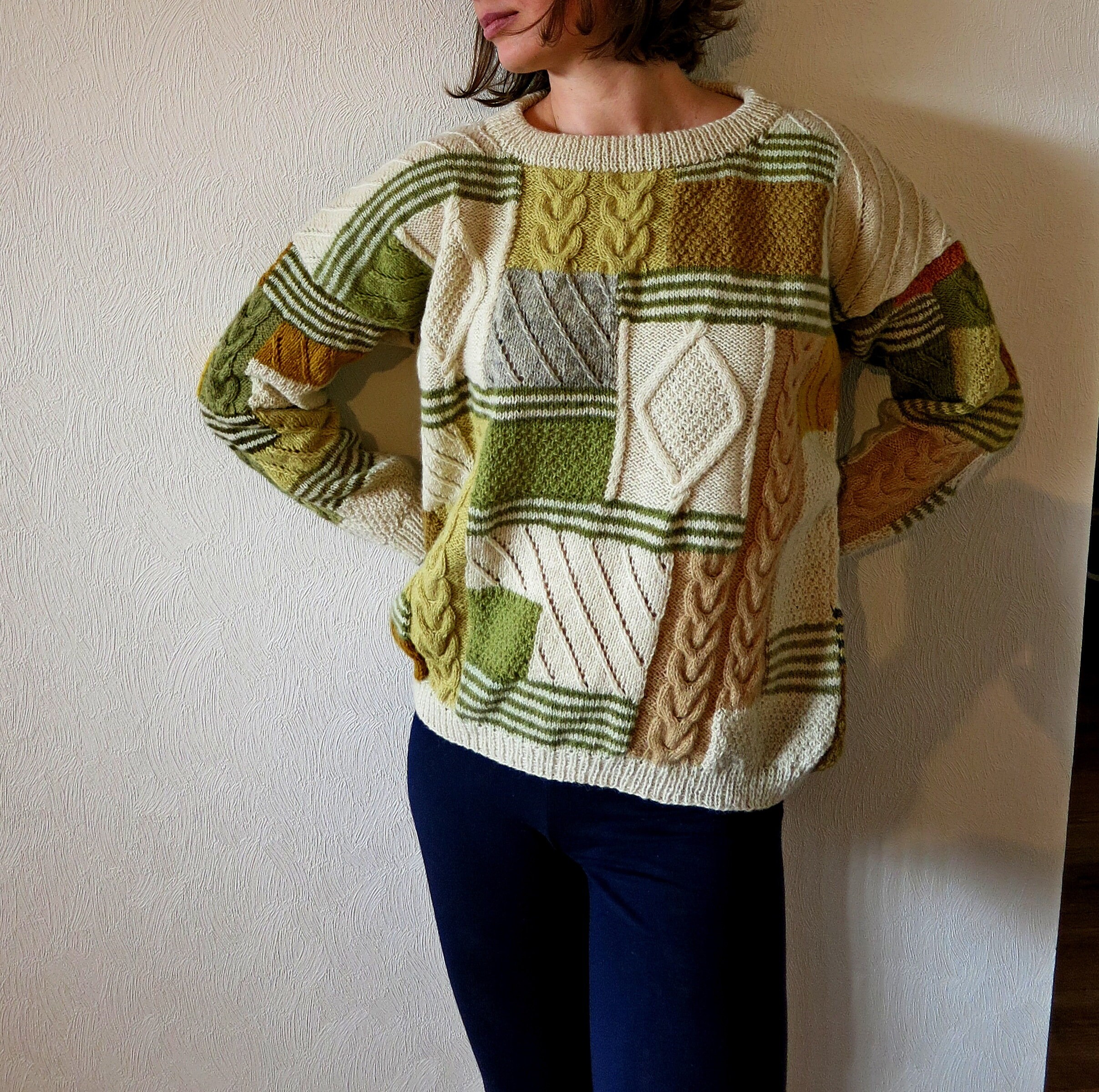 Handgemachter Pullover im Patchwork-Stil für Frauen, Pullover aus ...