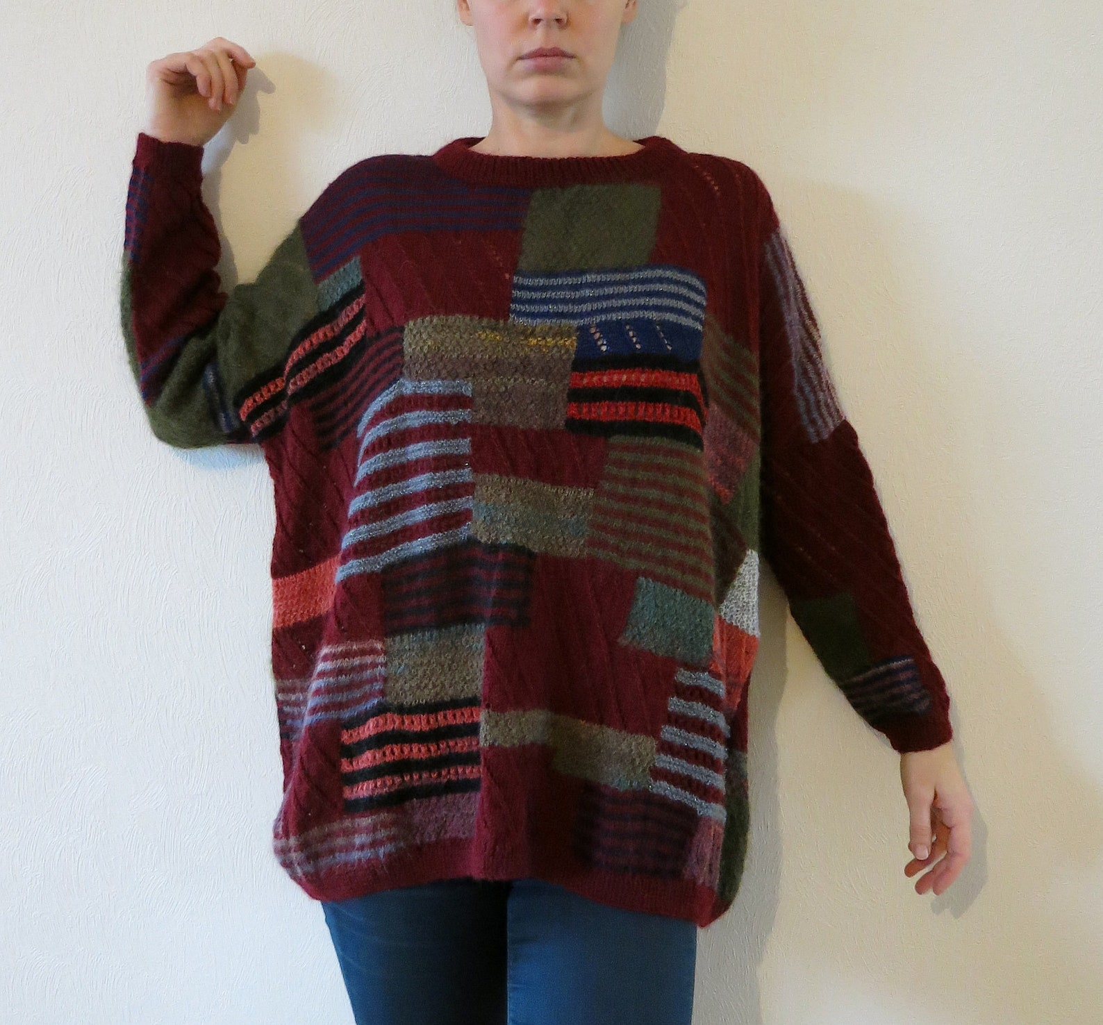 Oversize Multicolor Sweater Hand Knitted Freestyle Patchwork - Etsy