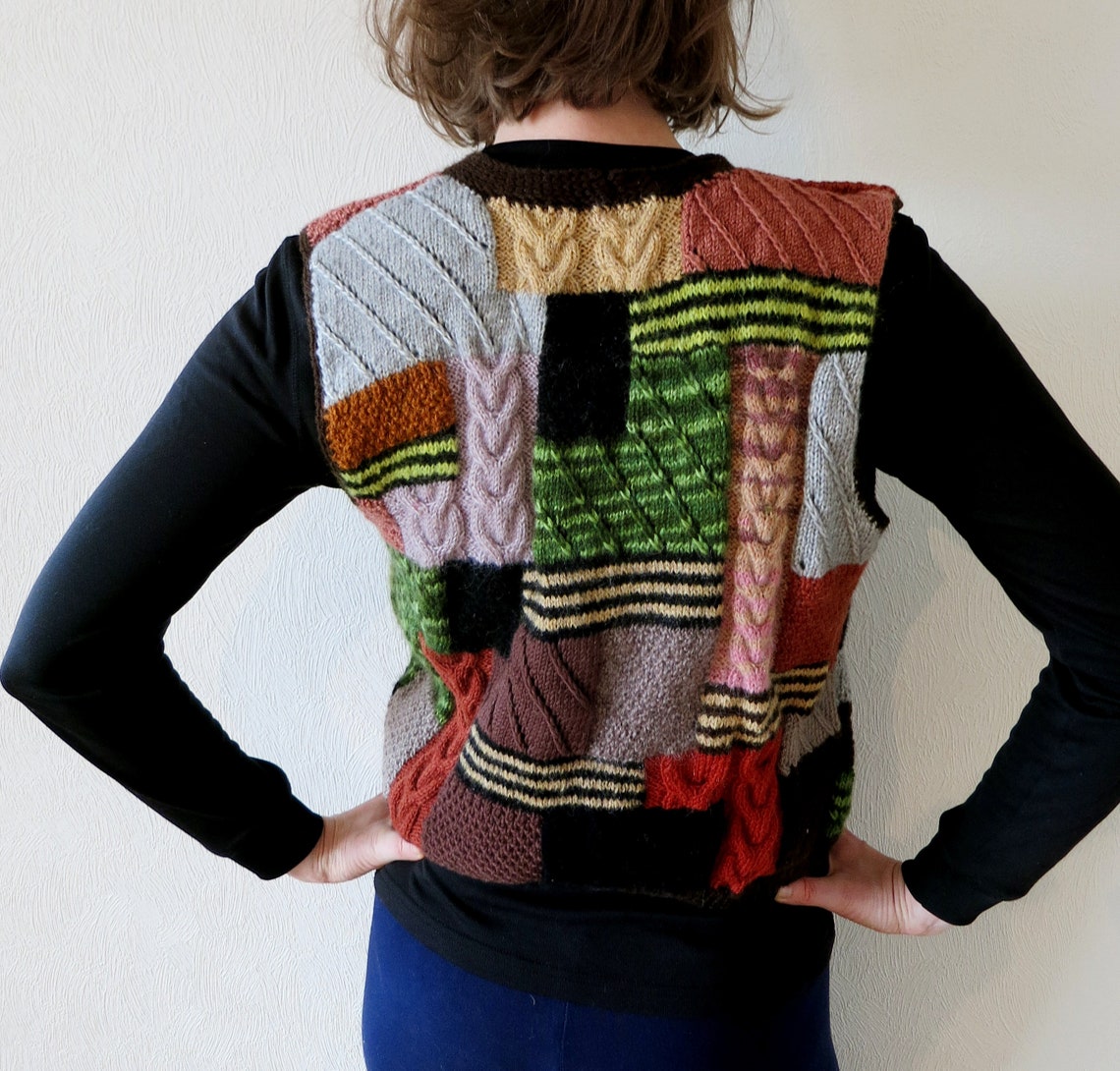 Multicolor, Hand-knitted Patchwork Style Vest, Freestyle Vest for Women ...