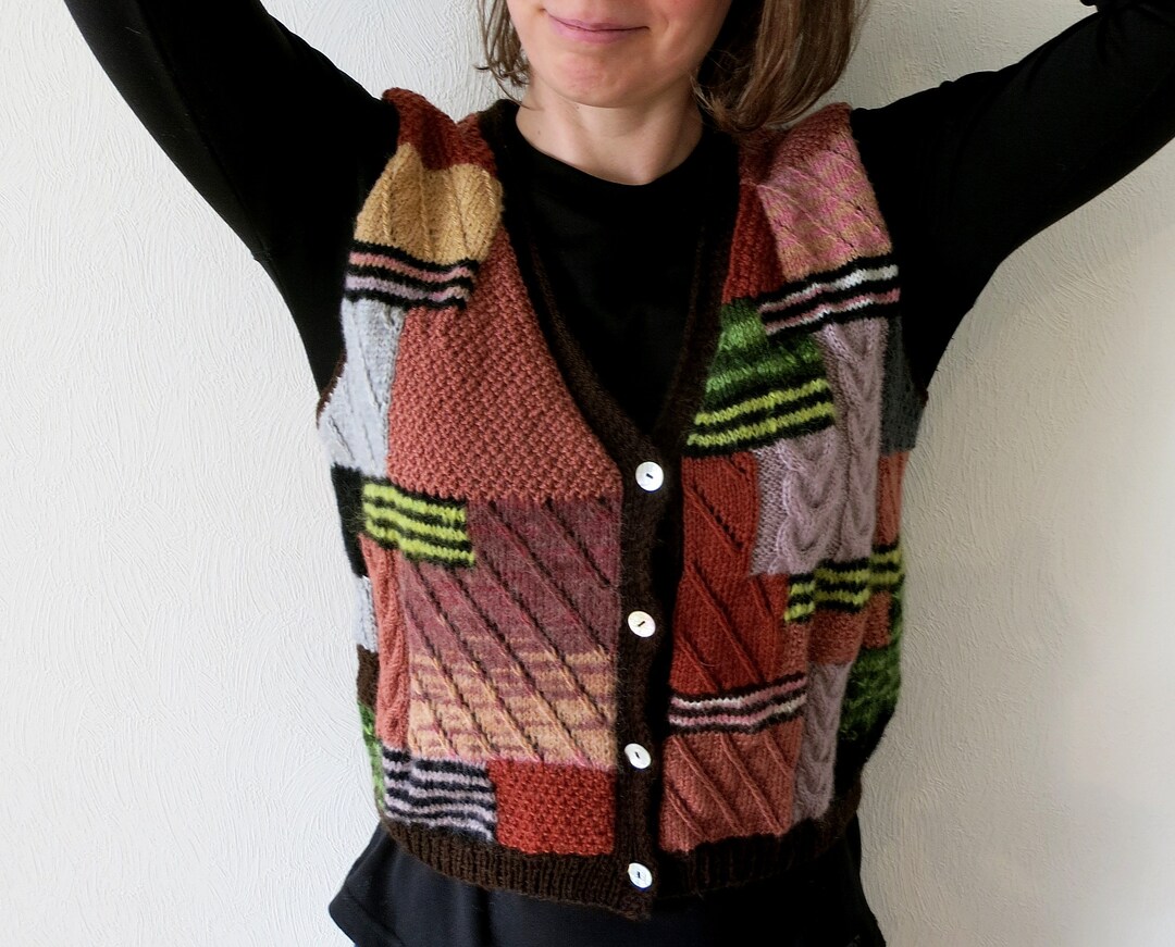 Multicolor, Hand-knitted Patchwork Style Vest, Freestyle Vest for Women ...