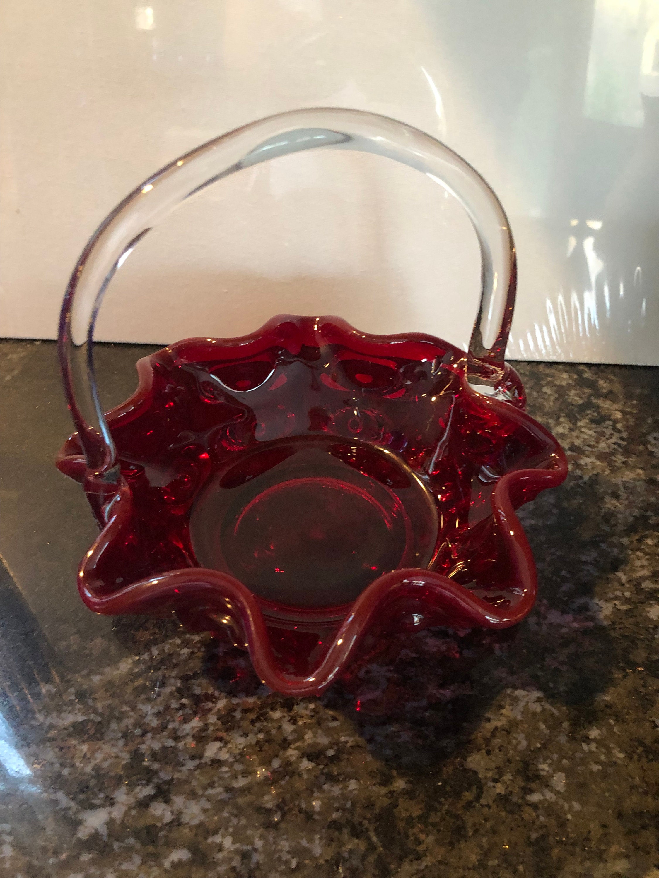 Red Glass Basket Dish With Clear Glass Handle, 7" Wide 7 1/2" Tall, Red ...