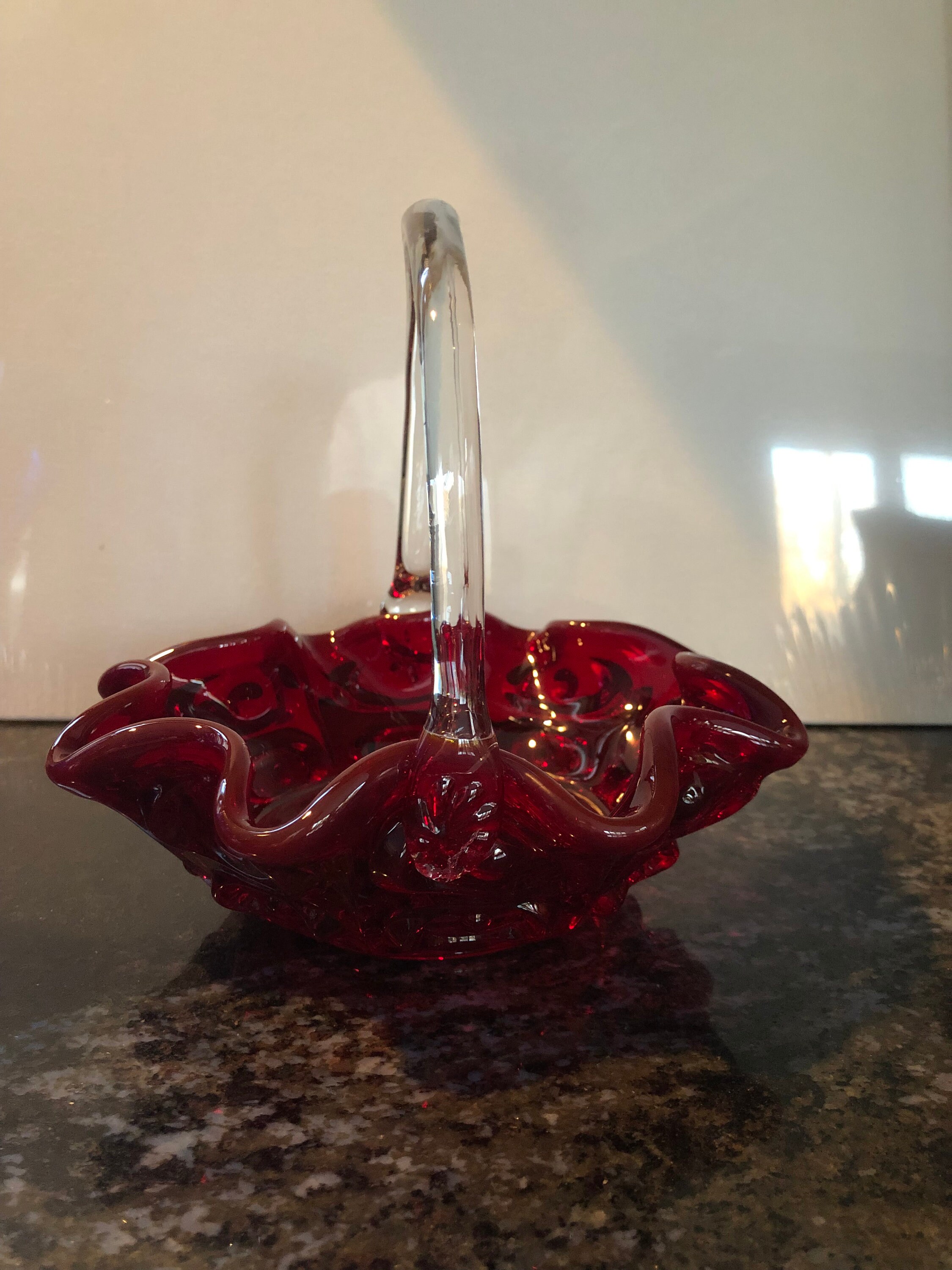 Red Glass Basket Dish With Clear Glass Handle, 7" Wide 7 1/2" Tall, Red ...