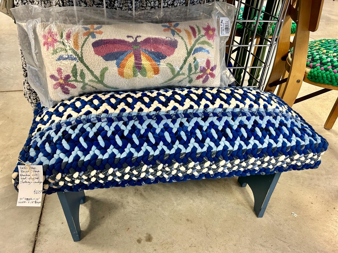 Diamond Pattern Delft Blue Hand-braided Bench, of Upcycled Wool ...