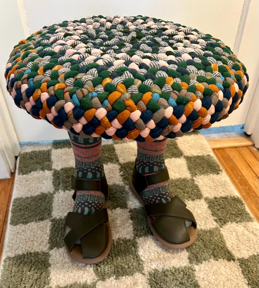 FOOT Footstool/tuffet, 16” Round, 15” Tall, Hand-braided of Upcycled ...